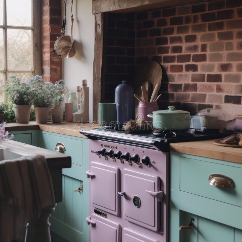 A Kitchen with a Pink Stove Top Oven. Generative AI Image. Stock Photo ...