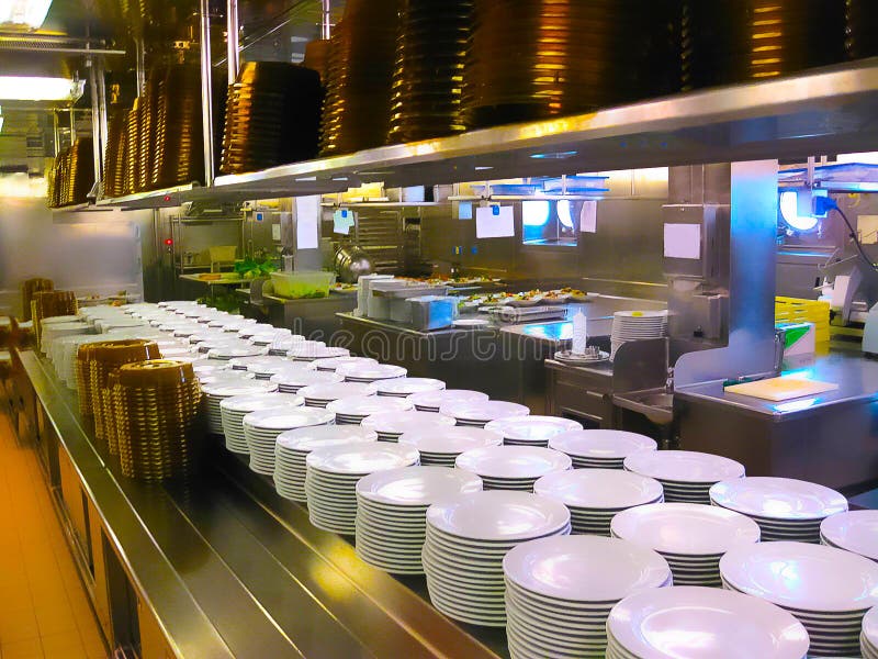 The Kitchen with Plates Ready for Serving Dinner on a Cruise Ship Stock ...