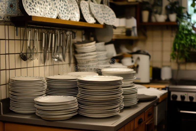 Kitchen with Plates and Silverware on Counter Stock Image - Image of ...