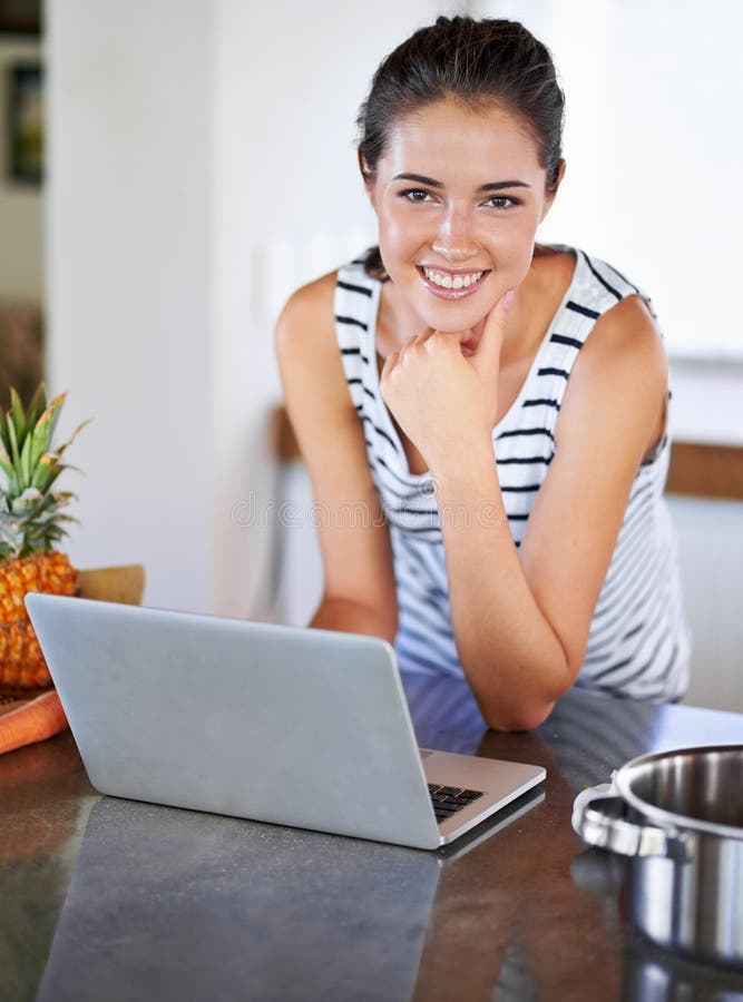 Kitchen Portrait And Woman Search With Laptop For Cooking Recipe And Tutorial Guide For Dinner