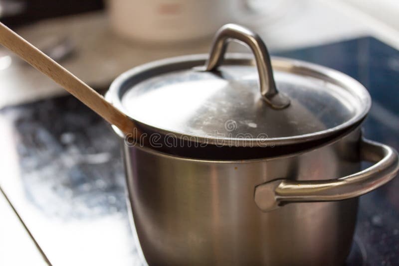 Kitchen pot stock photo. Image of wooden, spoon, silver - 45176952
