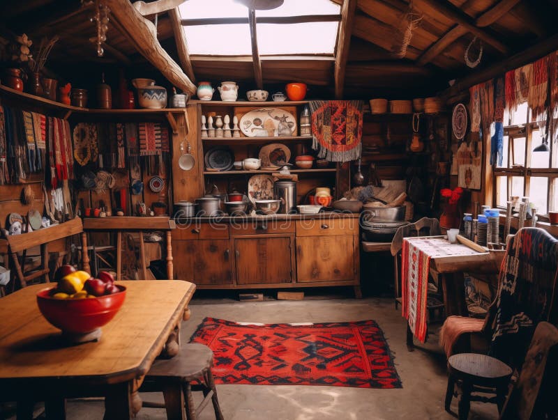 A Kitchen with Pots and Pans from the Ceiling. Authentic Interior of a ...