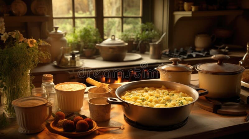 A Kitchen with Pots and Pans on a Table, AI Stock Illustration ...