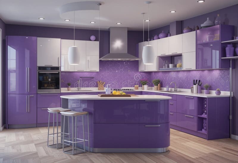 A Kitchen with a Purple Countertop and Purple Cabinets Stock ...