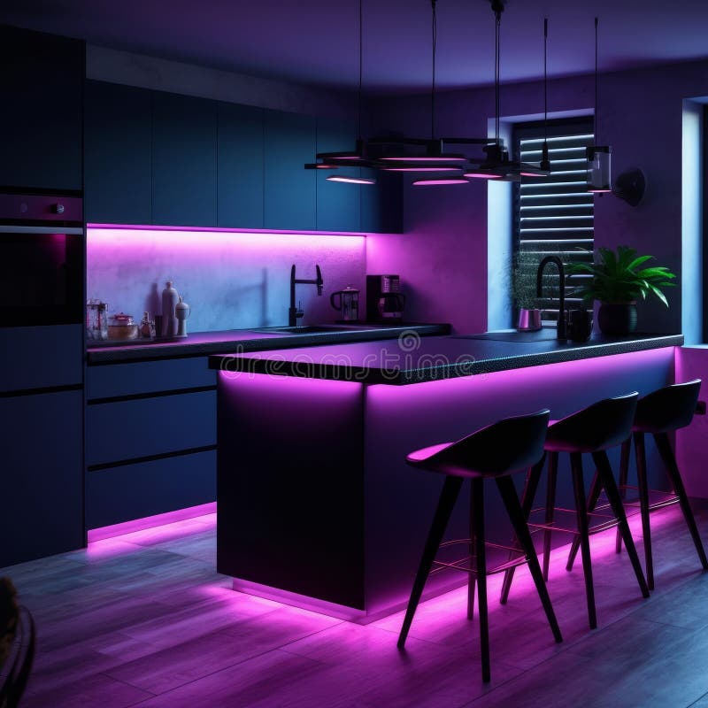 A Kitchen with Purple Lighting Theme Generative AI Stock Illustration ...