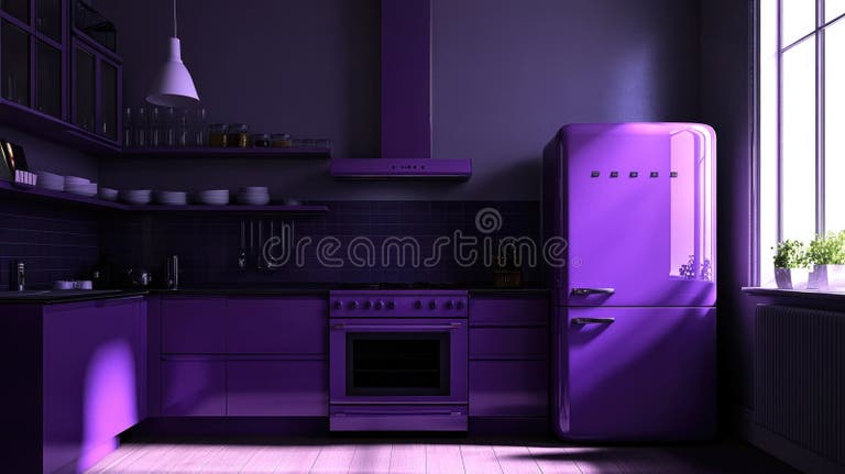 Kitchen with Purple Refrigerator Stock Image - Image of area ...