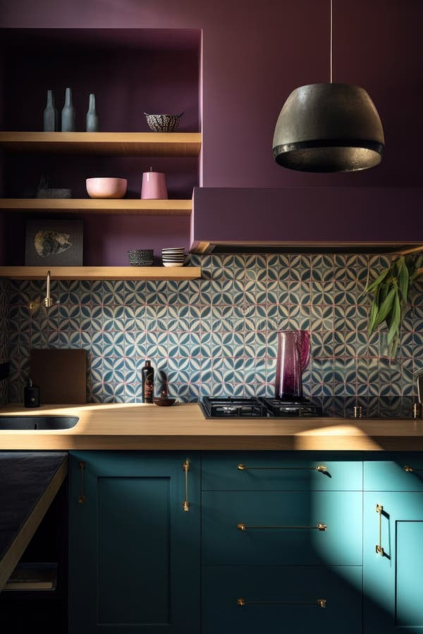 A Kitchen with Purple Walls and Blue Cabinets. Generative AI Image ...