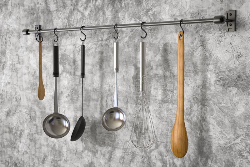 Kitchen Rack Hanging with Kitchen Utensils Stock Illustration ...