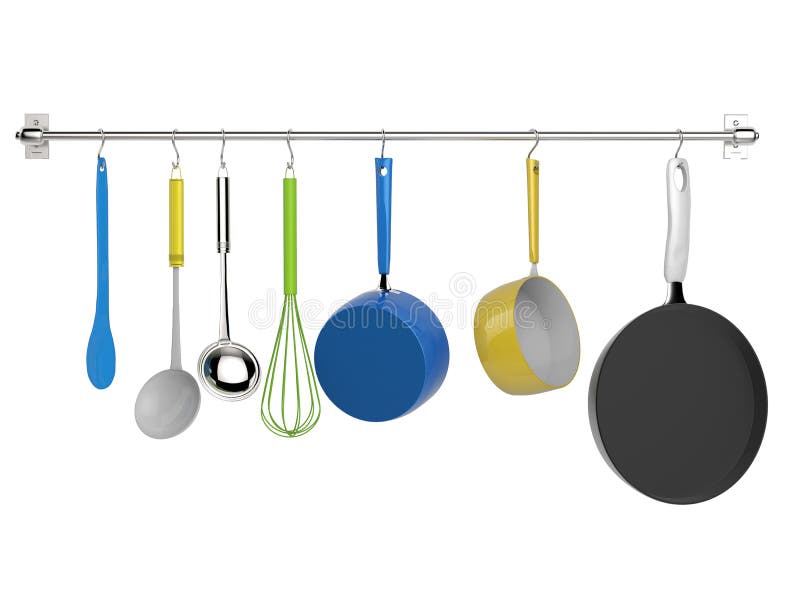 Kitchen Rack Hanging with Kitchen Utensils Stock Illustration ...