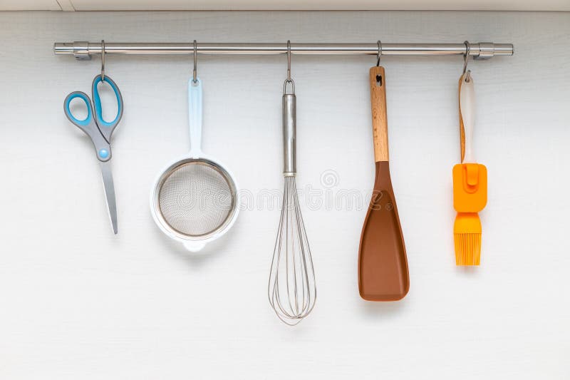 Kitchen Rail with Kitchen Utensils, Close-up Stock Photo - Image of ...