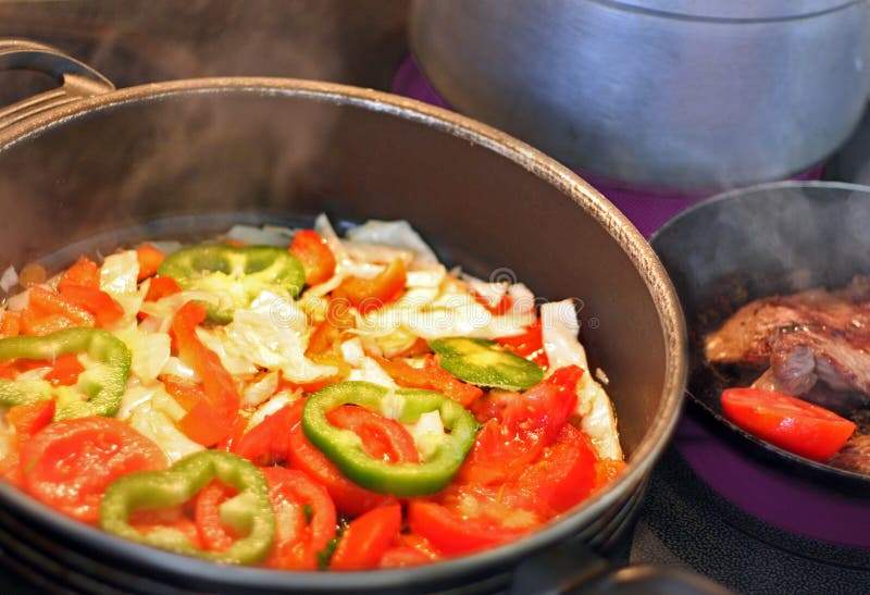 Kitchen-range with Fry Vegetables Stock Photo - Image of kitchen ...