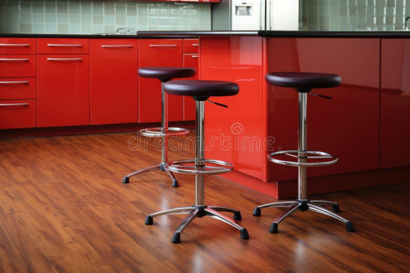 A Kitchen with Red Cabinets and Stools, AI Stock Illustration ...