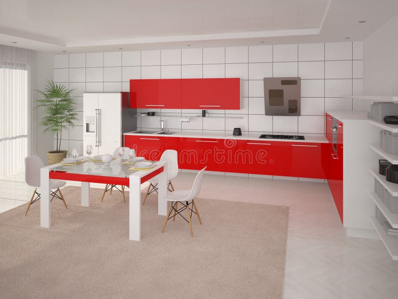 Kitchen with Red Furniture. Stock Illustration - Illustration of room ...