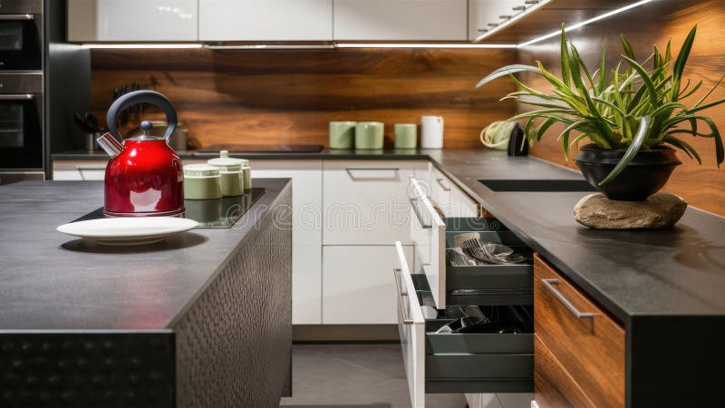 A Kitchen with a Red Kettle on the Counter and Drawers, AI Stock Photo ...