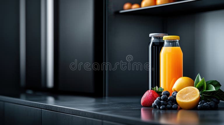Kitchen Refreshment Display, Chic Kitchen Setup with a Sleek Fridge ...