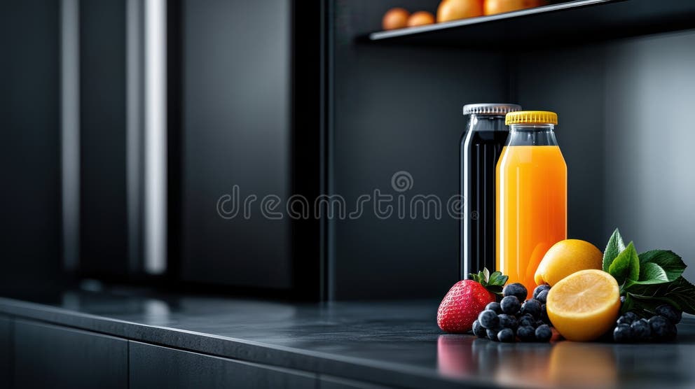Kitchen Refreshment Display, Chic Kitchen Setup with a Sleek Fridge ...