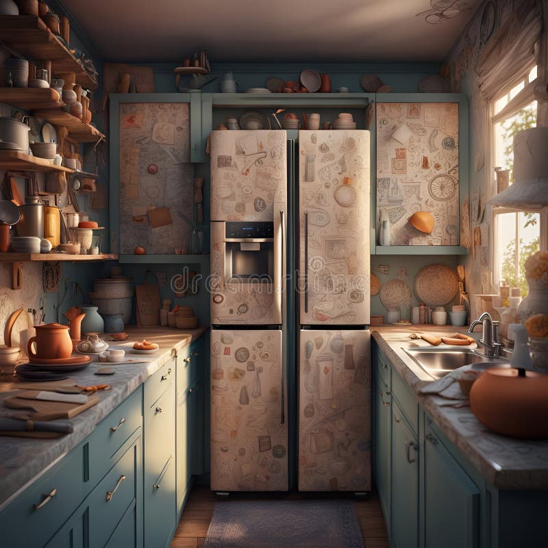 Kitchen with a Refrigerator Covered in Artwork. Generative AI. Stock ...