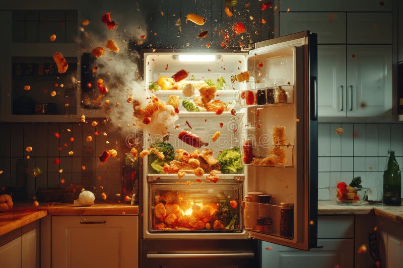 A Kitchen with a Refrigerator that is Open and Has Food Inside Stock ...