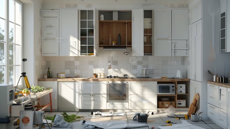 Kitchen Renovation with New White Cabinets and Countertops Being ...