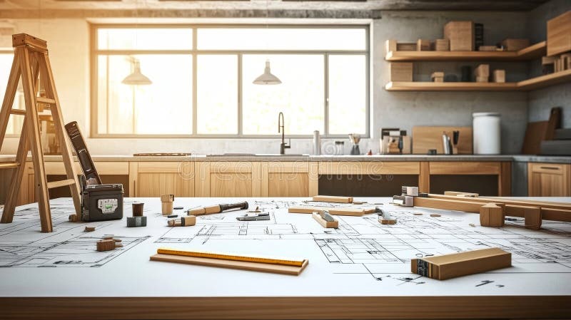 Kitchen Renovation Project Blueprint, Tools, and Materials on Table in ...