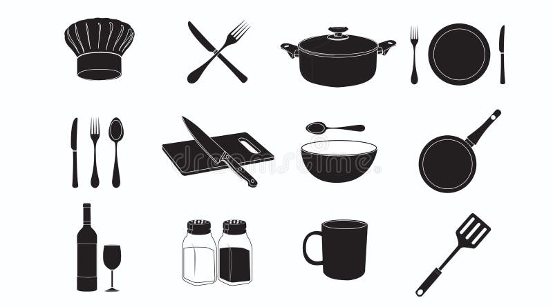 Kitchen or Restaurant Icon Set in Black and White. Stock Vector ...
