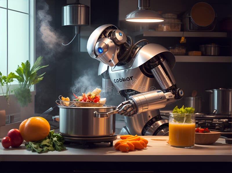Kitchen Robot Chef in Action Stock Illustration - Illustration of ...