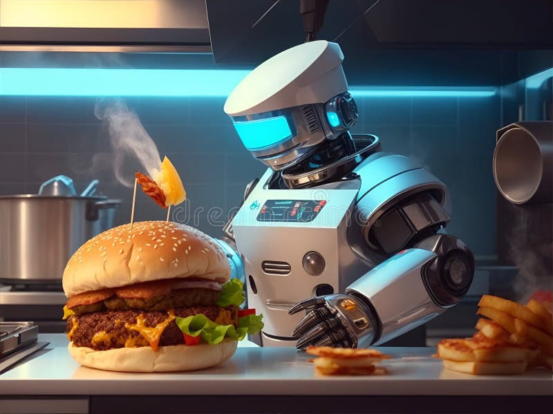 Kitchen Robot Making a Hamburger Stock Illustration - Illustration of ...