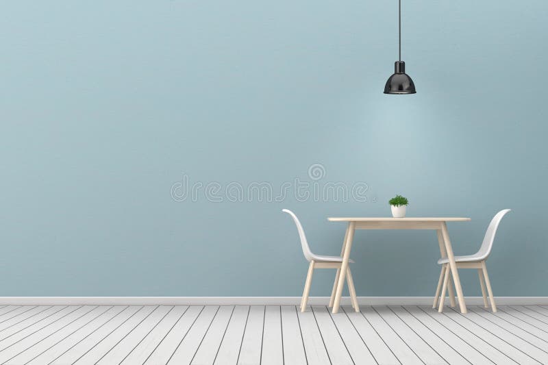 Kitchen Room Interior with Lamp, Table and Two Chairs Near Empty Blue ...