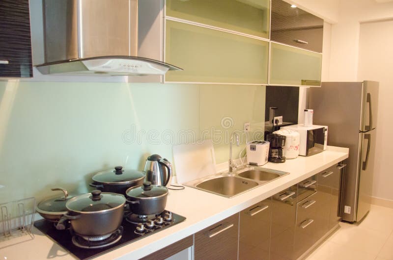 Kitchen room stock image. Image of toster, cookers, pans - 63682659