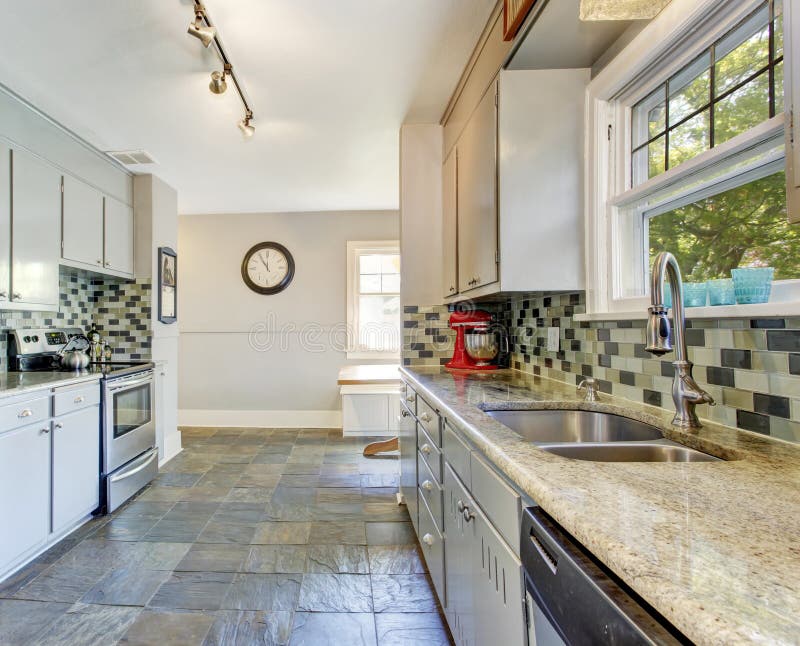 Kitchen Room Interior with Tile Back Splash Trim Stock Photo - Image of ...