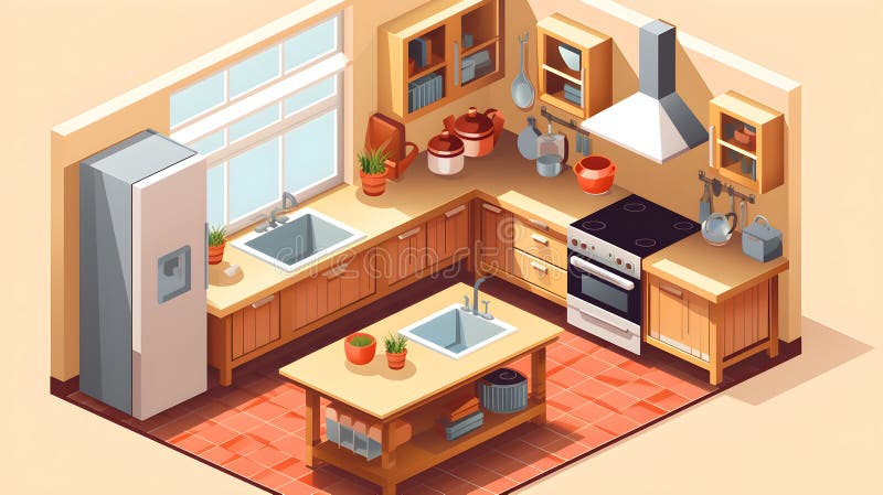 Kitchen Room Isometric, with Corner Counter and Various Kitchen ...