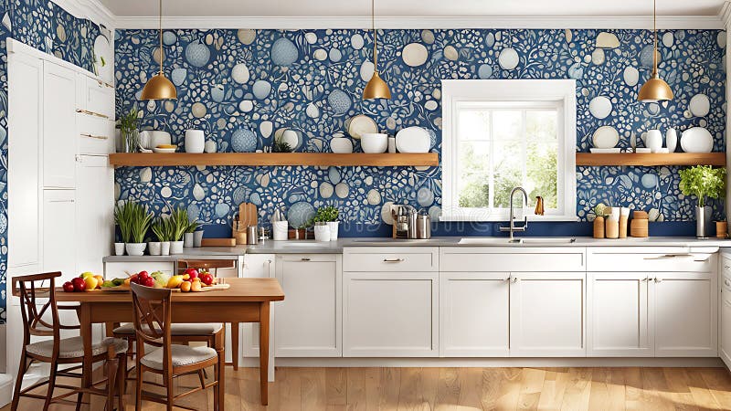 Kitchen Room with Wallpaper Featuring a Pattern of Fruits and Kitchen ...