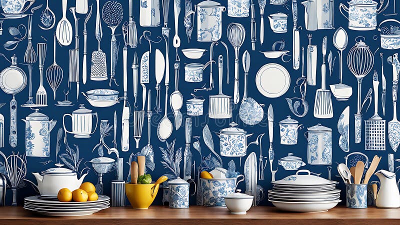 Kitchen Room with Wallpaper Featuring a Pattern of Fruits and Kitchen ...