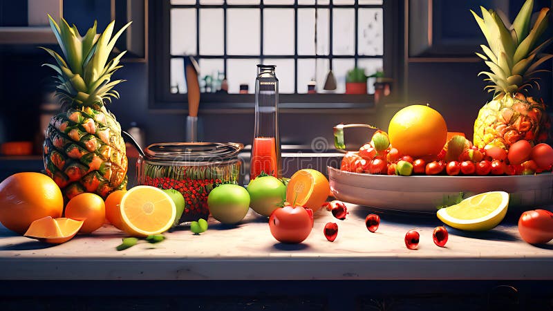 Kitchen Room with Wallpaper Featuring a Pattern of Fruits and Kitchen ...