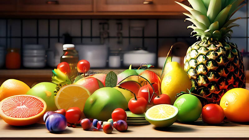 Kitchen Room with Wallpaper Featuring a Pattern of Fruits and Kitchen ...