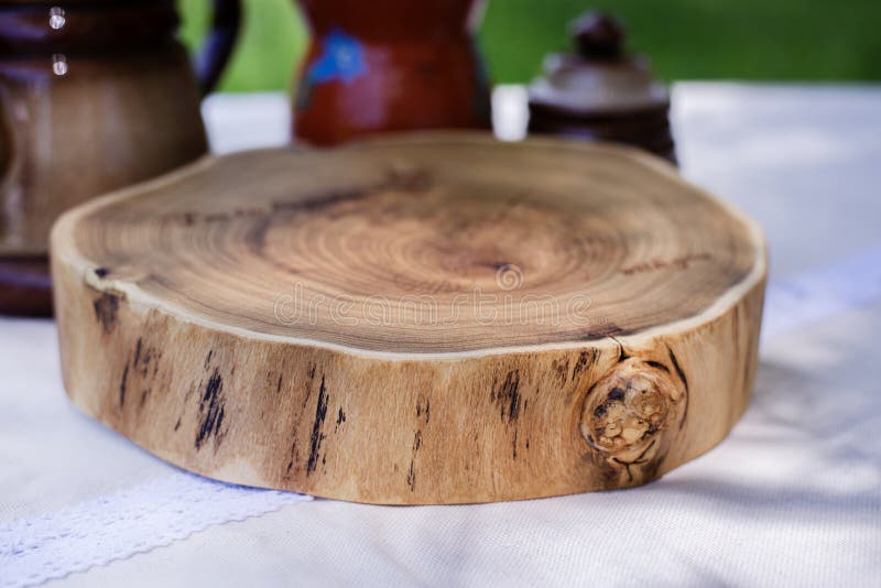 Kitchen Round Wooden Cutting Board. Stand and Tray Stock Image - Image ...