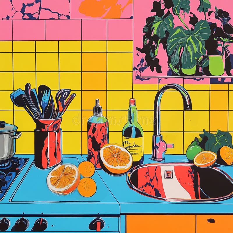 In the kitchen 80s Pop stock illustration. Illustration of color ...