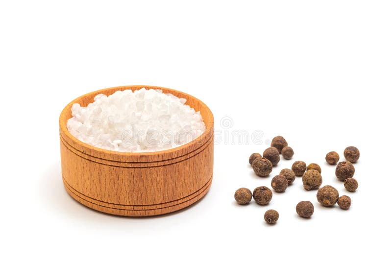 Kitchen Salt in Wooden Bowl and Black Pepper Isolated on White Stock ...