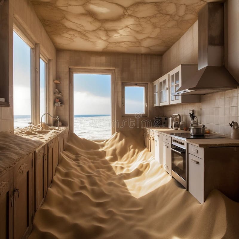 Kitchen with a Sandy Floor, Blown Away by a Gust of Wind, AI-generated ...