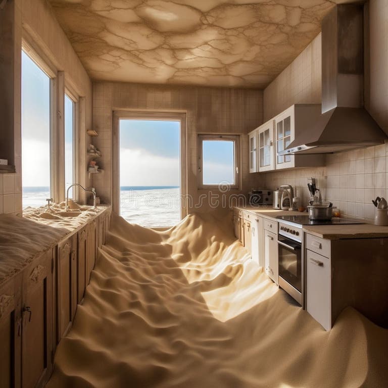 Kitchen with a Sandy Floor, Blown Away by a Gust of Wind, AI-generated ...