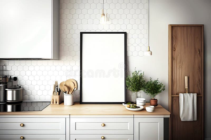 Kitchen in Scandinavian Style with Empty Poster Mockup. Generative Ai ...