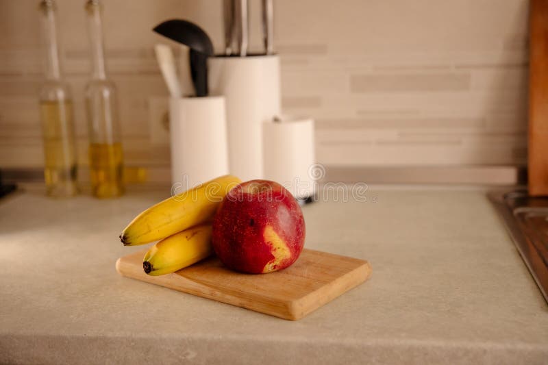 Kitchen Scene with Bananas and Mixed Fruits Stock Image - Image of ...
