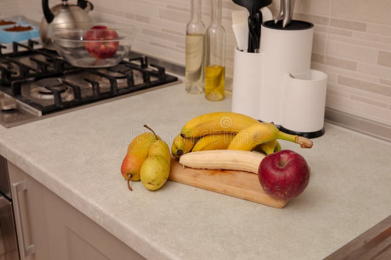 Kitchen Scene with Bananas and Mixed Fruits Stock Image - Image of ...
