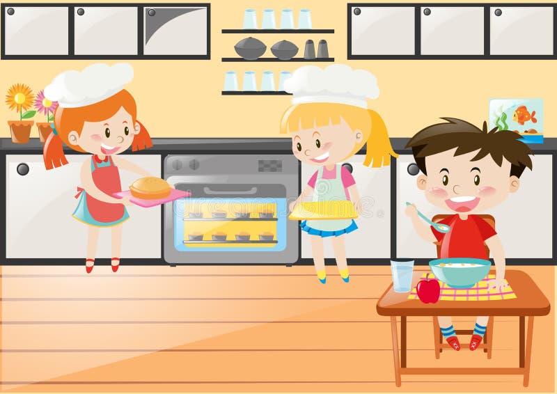 Kitchen Scene with Girls Baking and Boy Eating Stock Vector ...