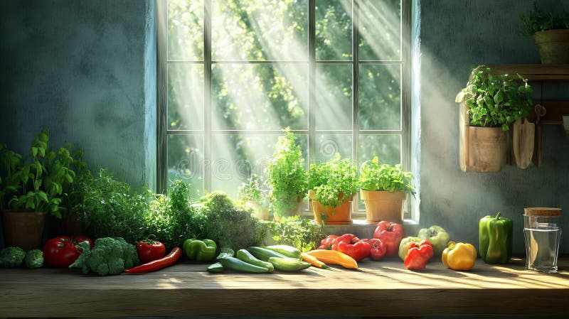 Kitchen Scene Illuminated by Sunlight, Featuring Fresh Ingredients ...