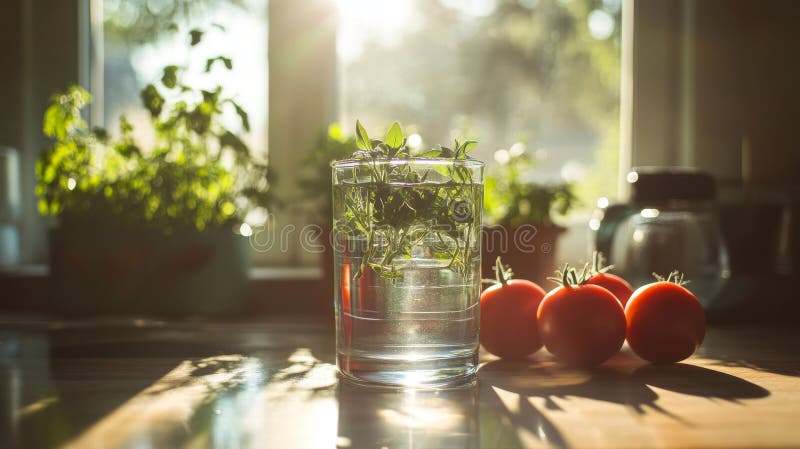 A Kitchen Scene with Light Reflecting Off a Glass of Fresh Water. Stock ...