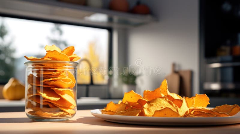 Kitchen Scene with a Plate of Homemade Pumpkin Chips. Stock Image ...