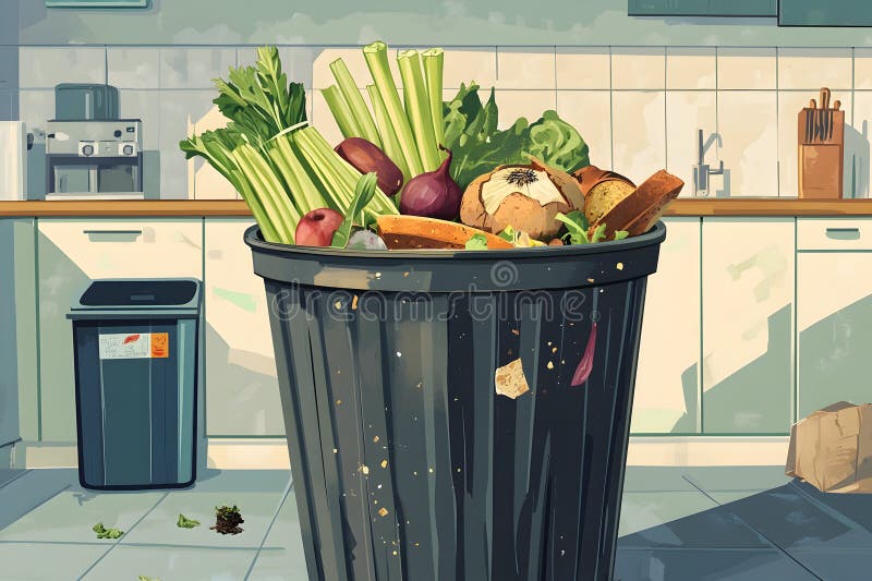 Kitchen Scene Showing Discarded Vegetables in a Garbage Bin, Focused on ...