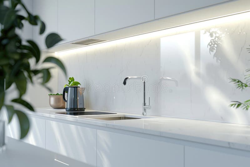A Kitchen Scene with a Sink and a Potted Plant Stock Photo - Image of ...