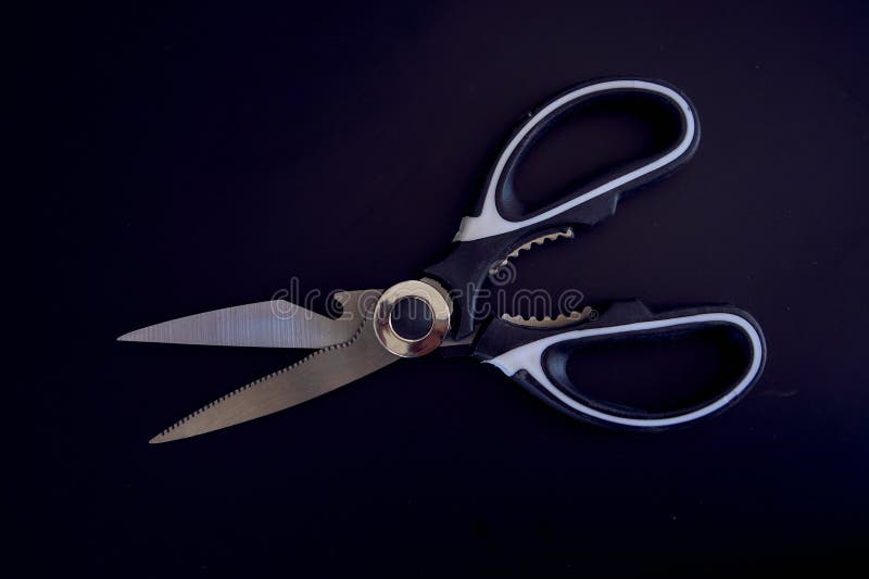 Kitchen Scissors with a Jagged Blade on a Black Background Stock Image ...